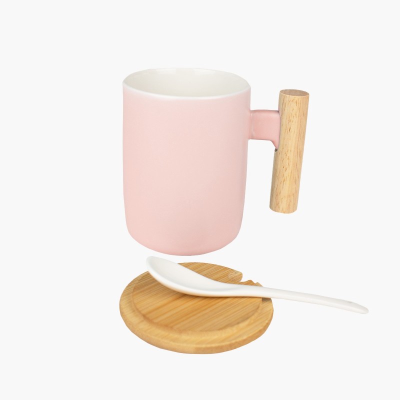 Taza con tapa y asa de madera con cuchara color Rosa